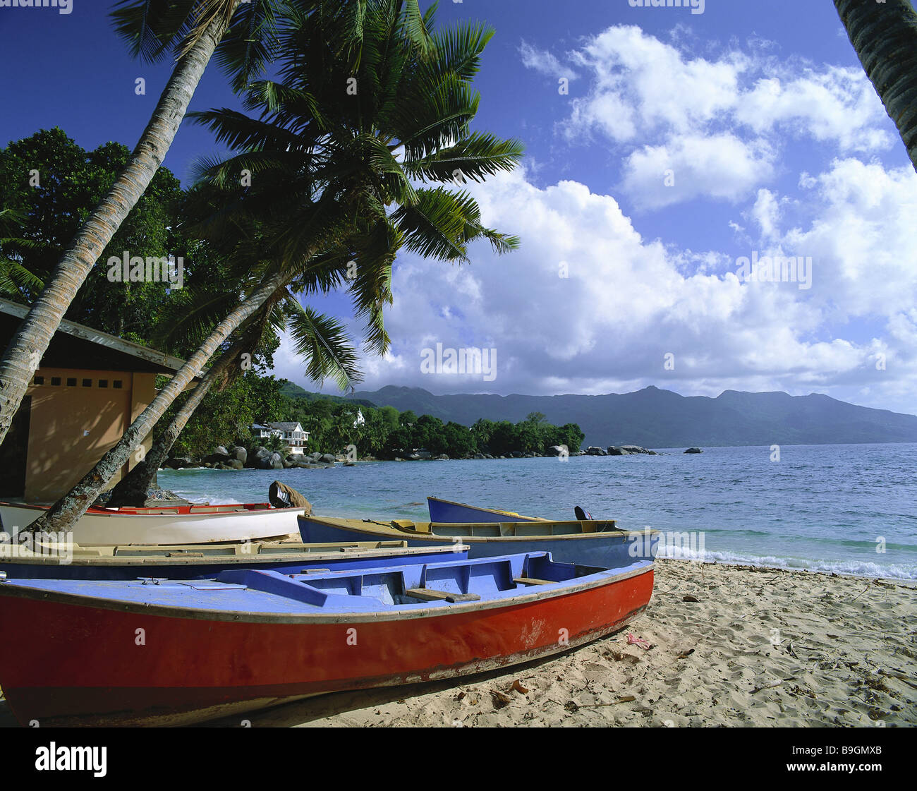 Seychelles island Mahe beach fisher-boats lake island state island ...