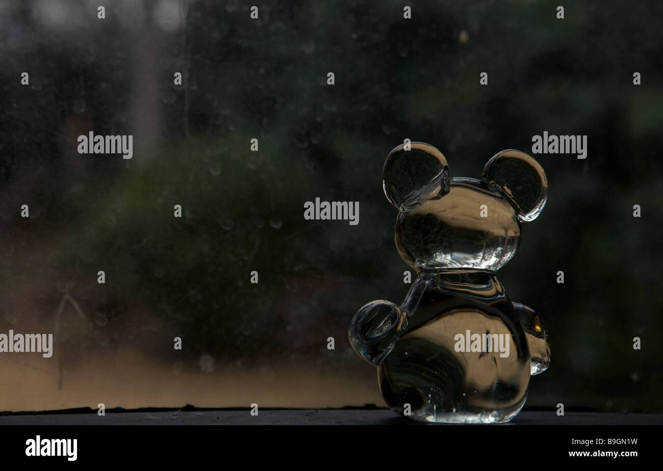 The world outside reflected in a crystal bear, trapped behind a glass ...