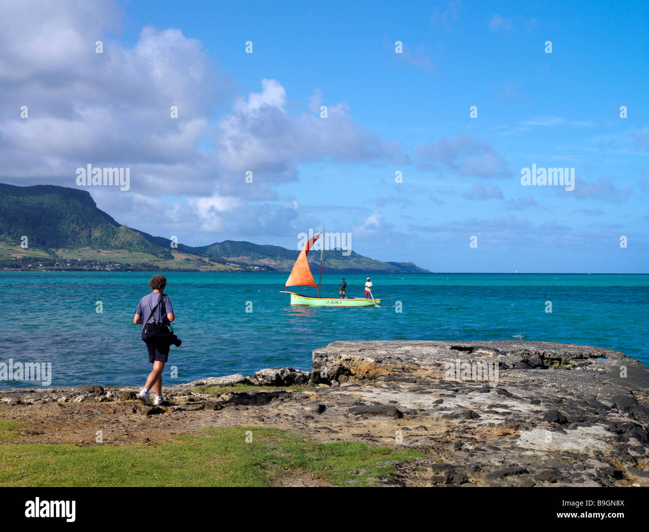 Mahebourg Mauritius Local Sailing Dingey Orange Sail and Photographer ...