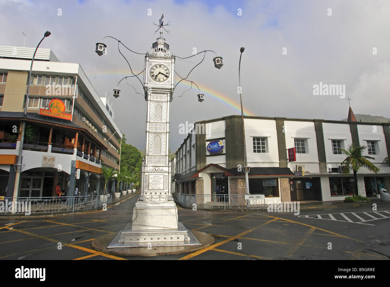 Seychelles island Mahe Viktoria Downtown street-scene column clock ...
