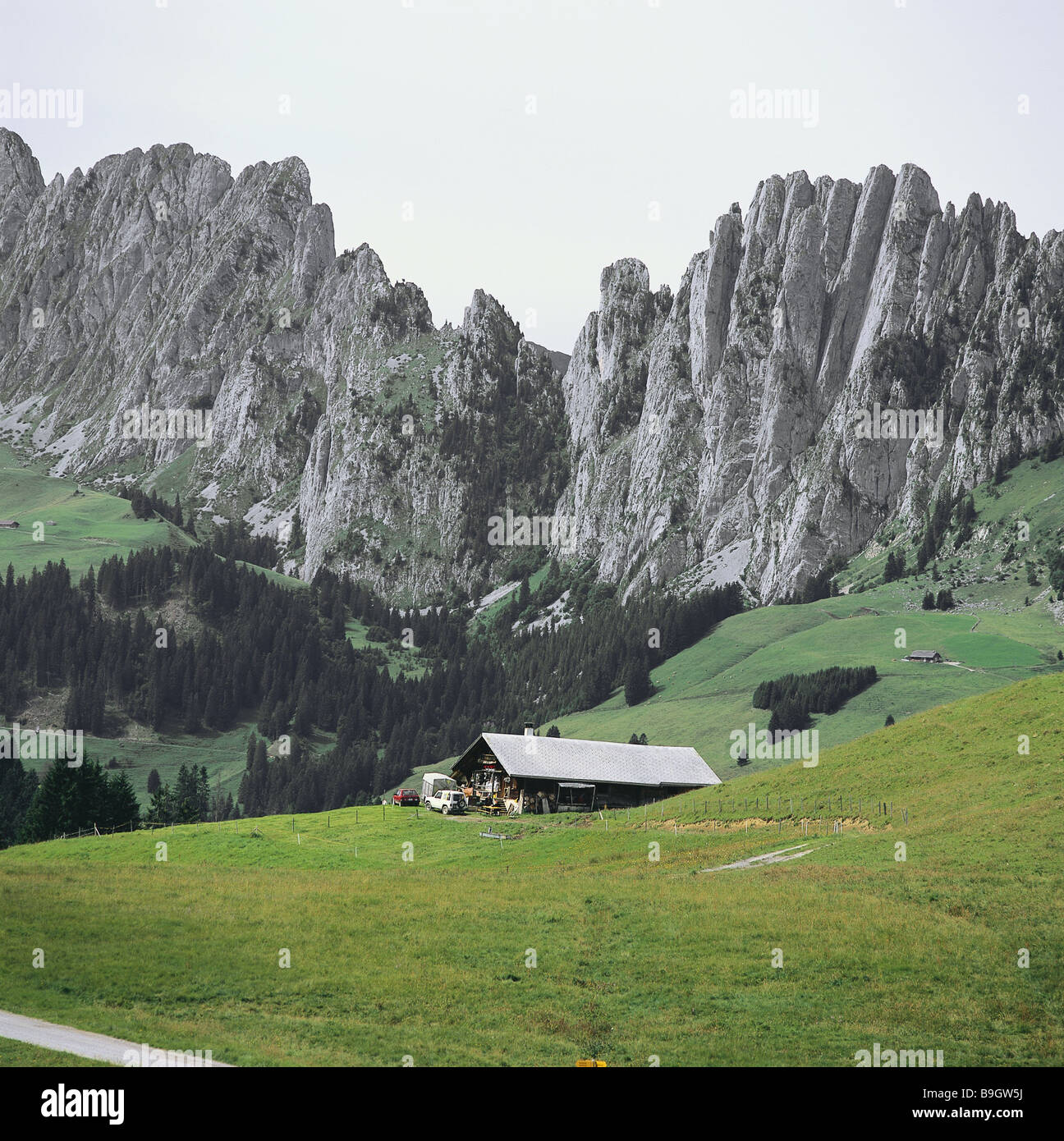 Switzerland Jaunpass cottage summer Alps Jauntal mountains mountains ...