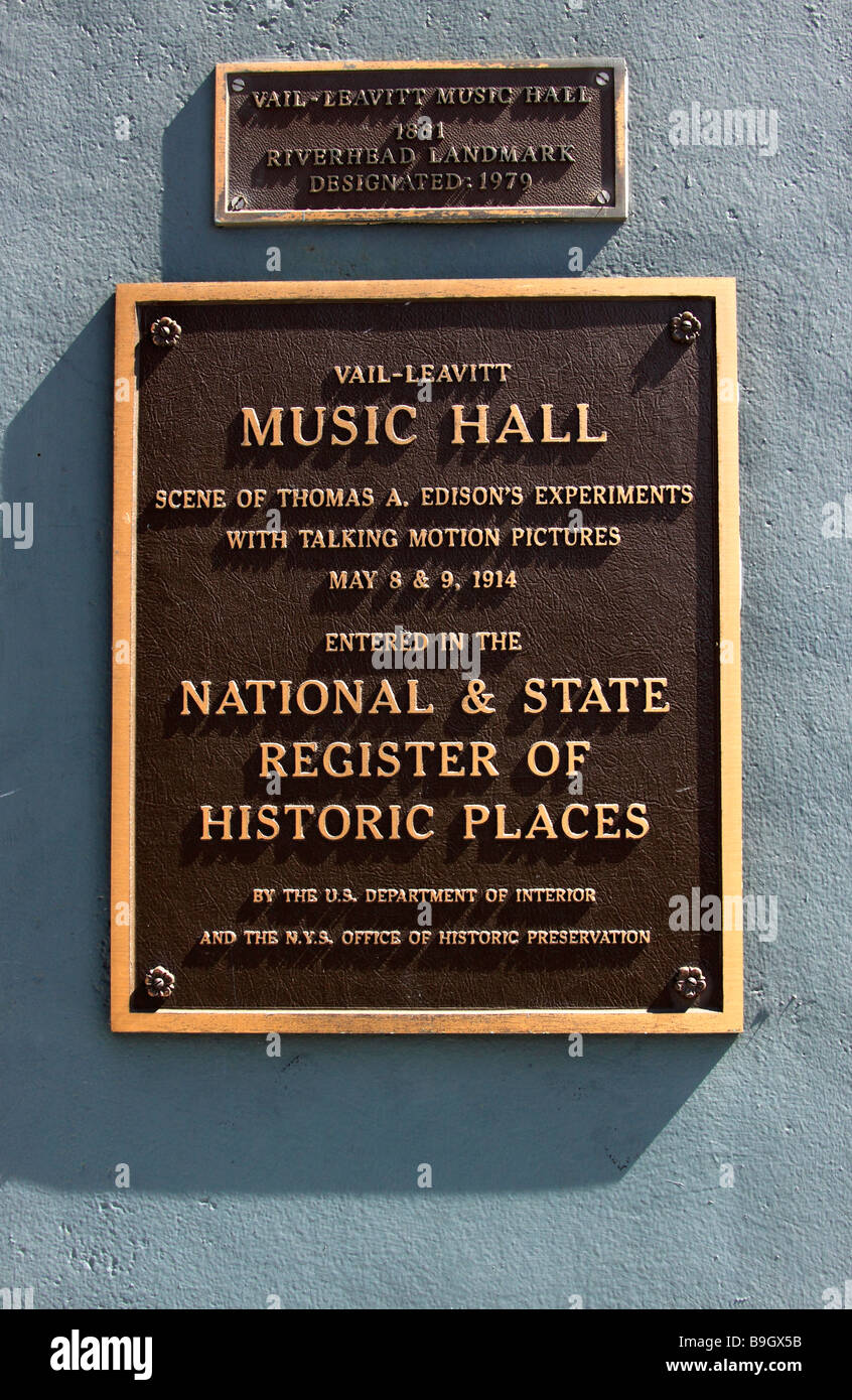 Plaque on historic Vail Leavitt Music Hall building, Riverhead, Long ...