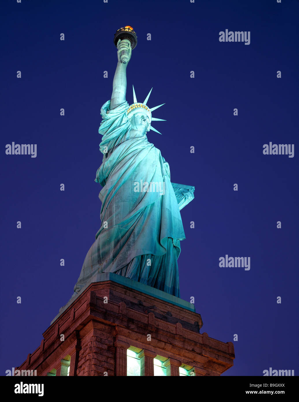 usa New York city statue of liberty illumination from below twilight ...