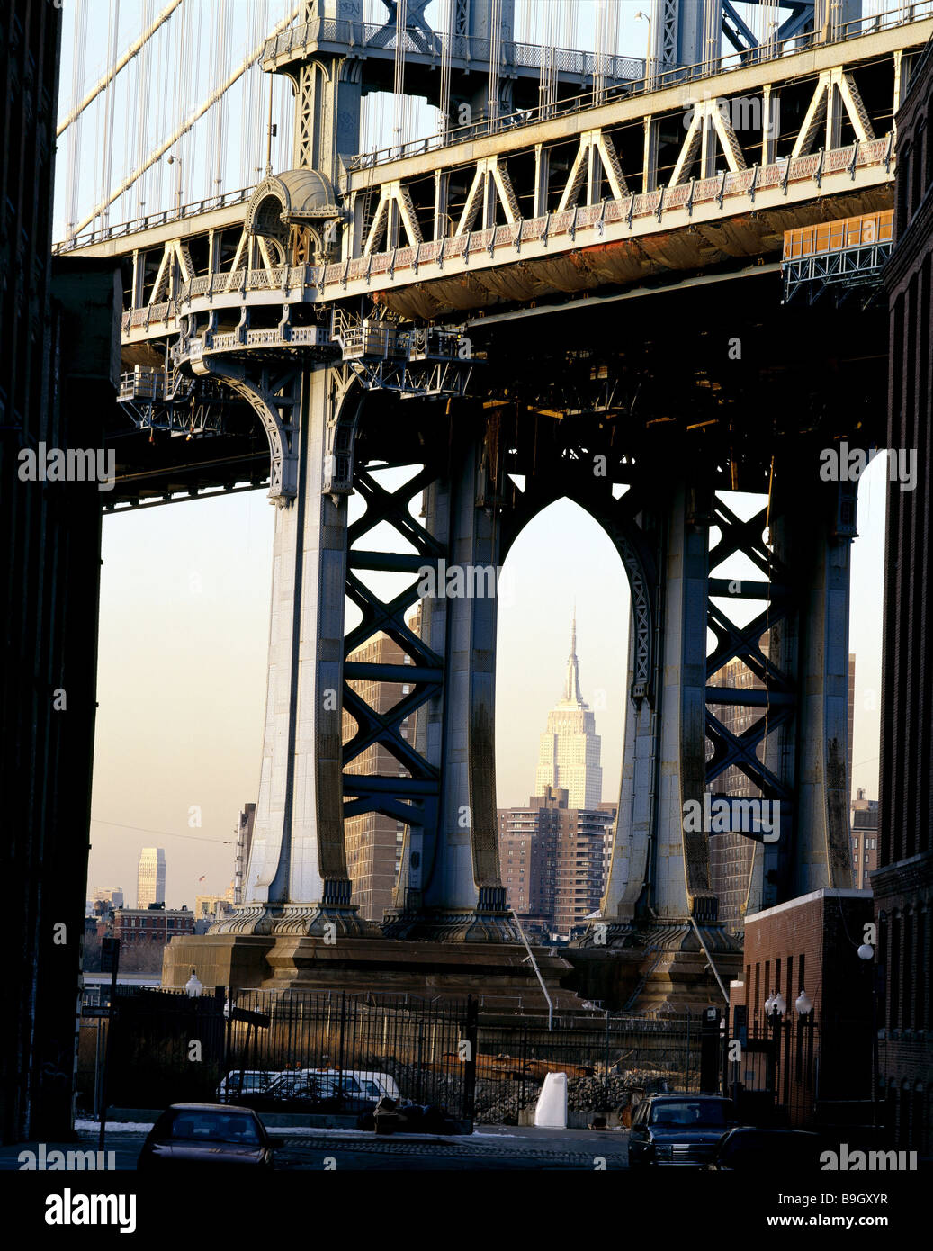 usa New York city Manhattan Brooklyn bridge detail gaze Empire State ...