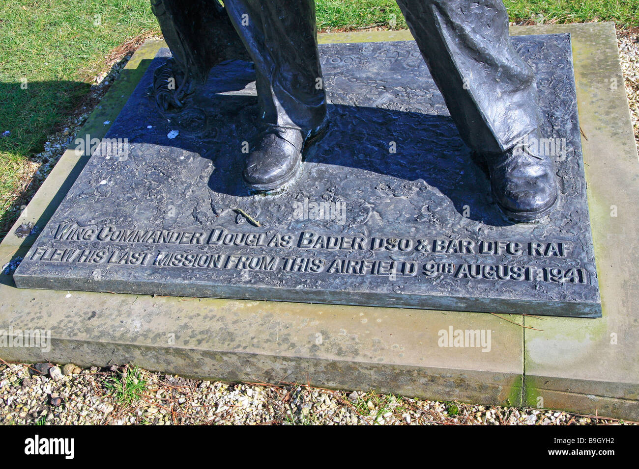 The plaque inscription on the sculpture of Sir Douglas Bader Stock ...