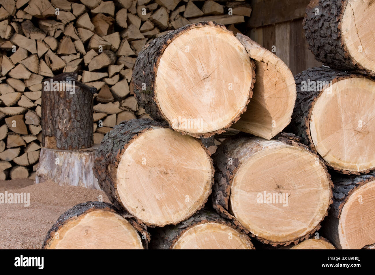 Stacked cut firewood and chopping block Stock Photo - Alamy