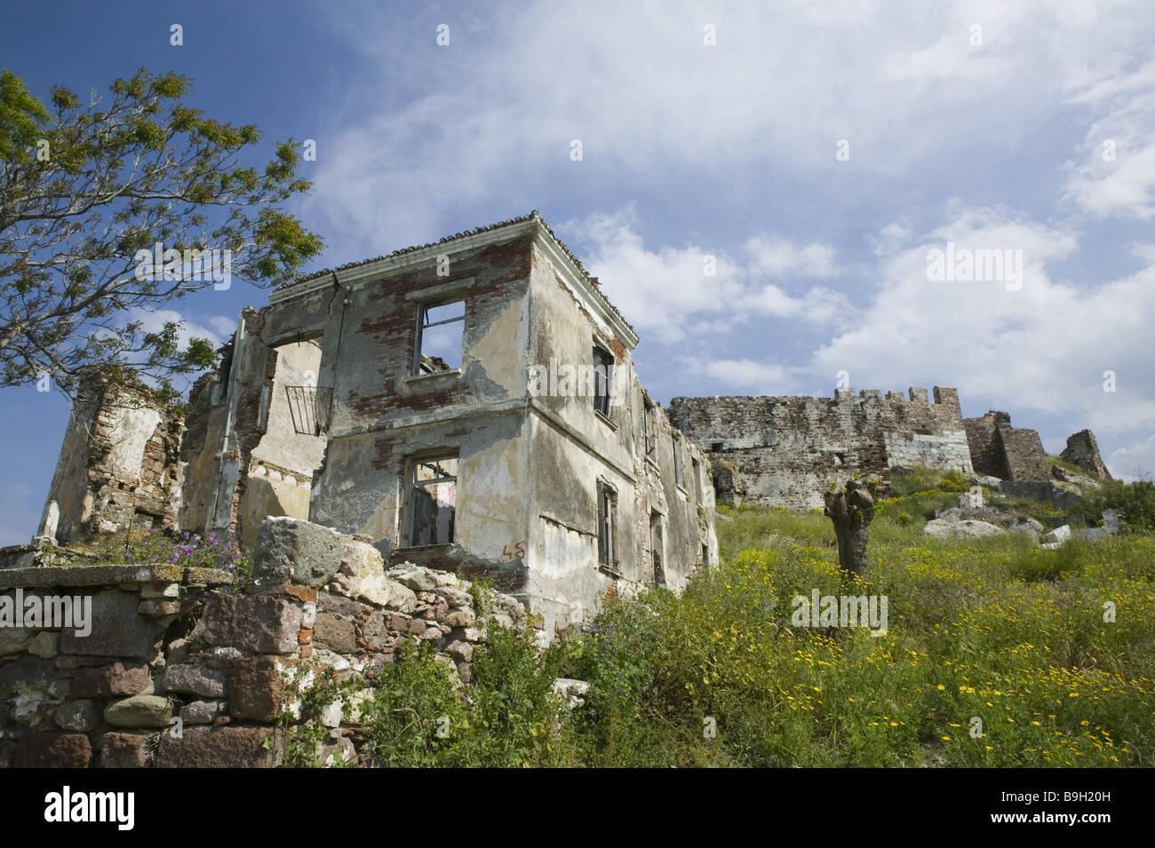 Greece island lesbos Mytilene castle house-ruin meadow log Europe ...