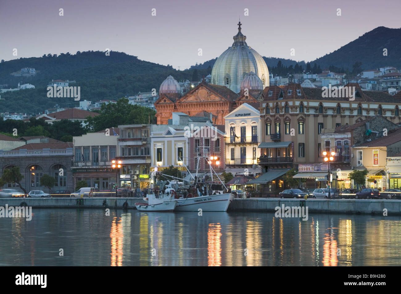 Greece island lesbos Mytilene city view church Agios Therapon evening ...