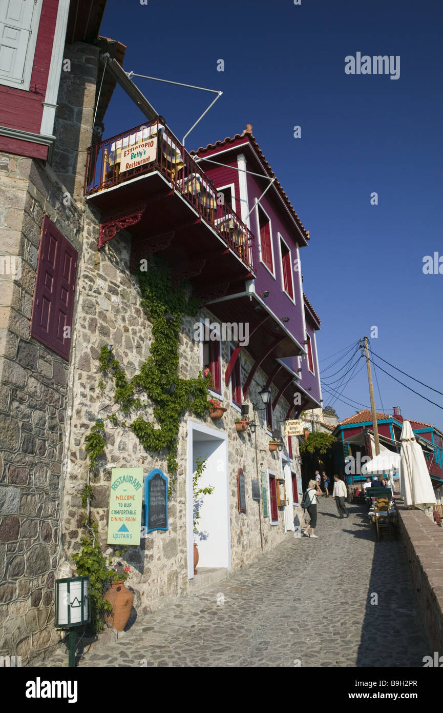 Greece island lesbos Mithymna row of houses alley pedestrians Europe ...