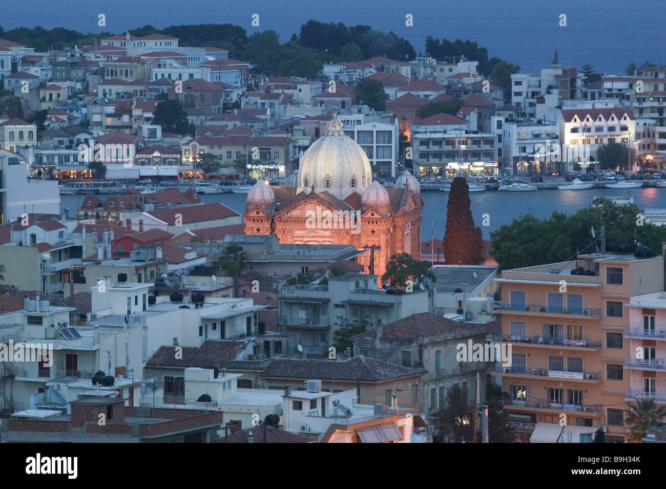Greece island lesbos Mytilene city view church Agios Therapon evening ...
