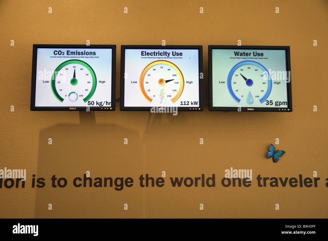 Computer screens monitoring CO2 Emisions, Electricity Use, and Water ...