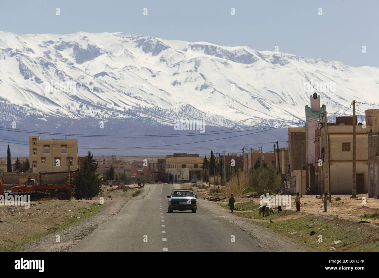 Morocco Zeida city view streets car background mountains snow-covered ...