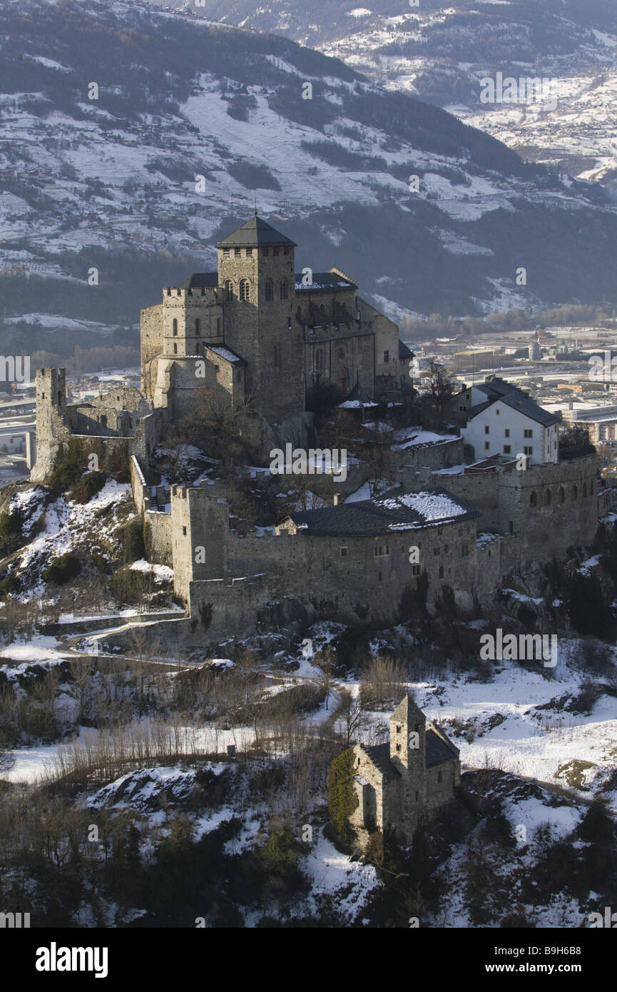 Switzerland canton Wallis Rhone-valley Sion overview rock Valere church ...