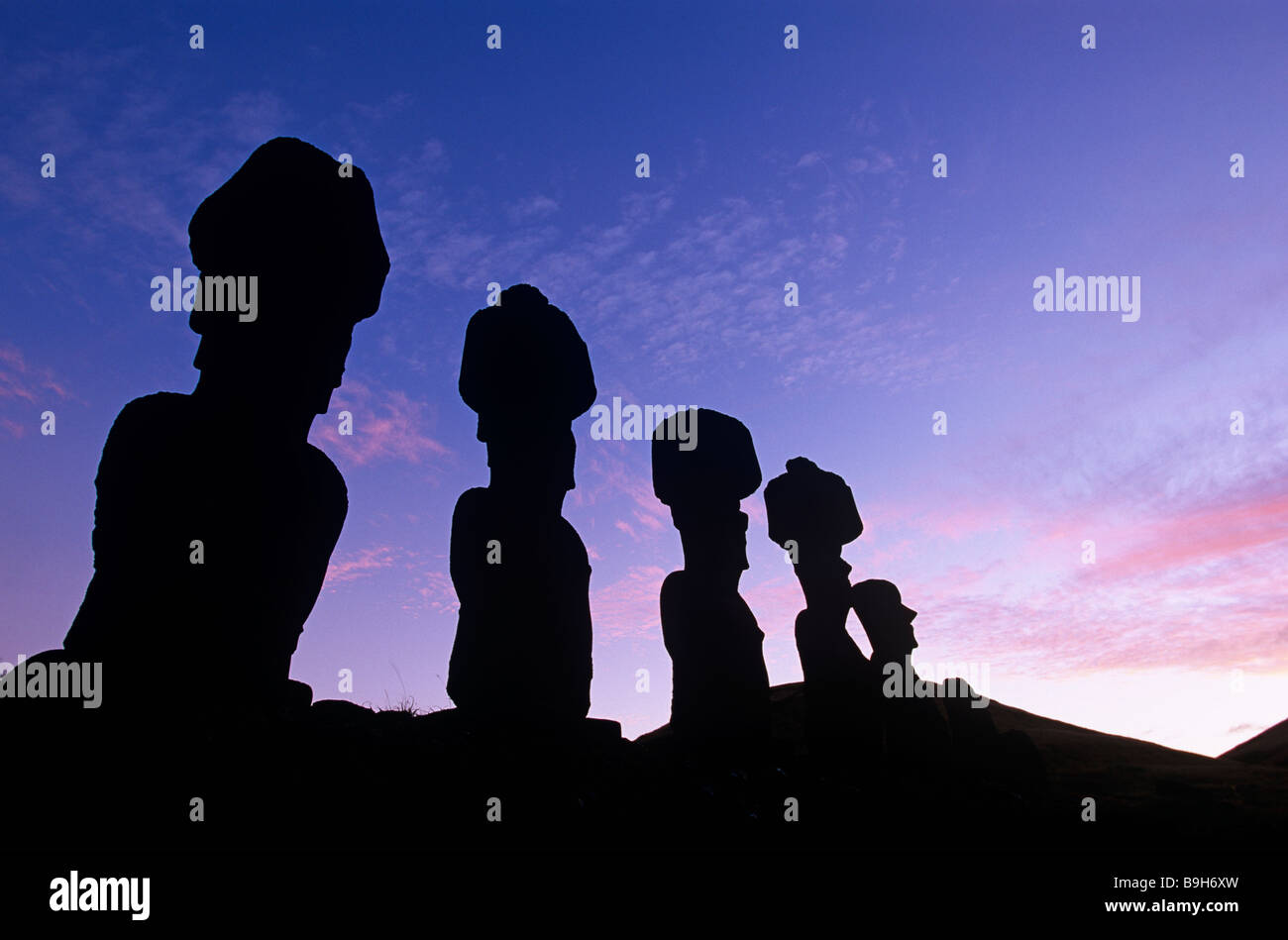 Chile, Easter Island, Anakena. Ahu Nau Nau, the standing Moai statues ...