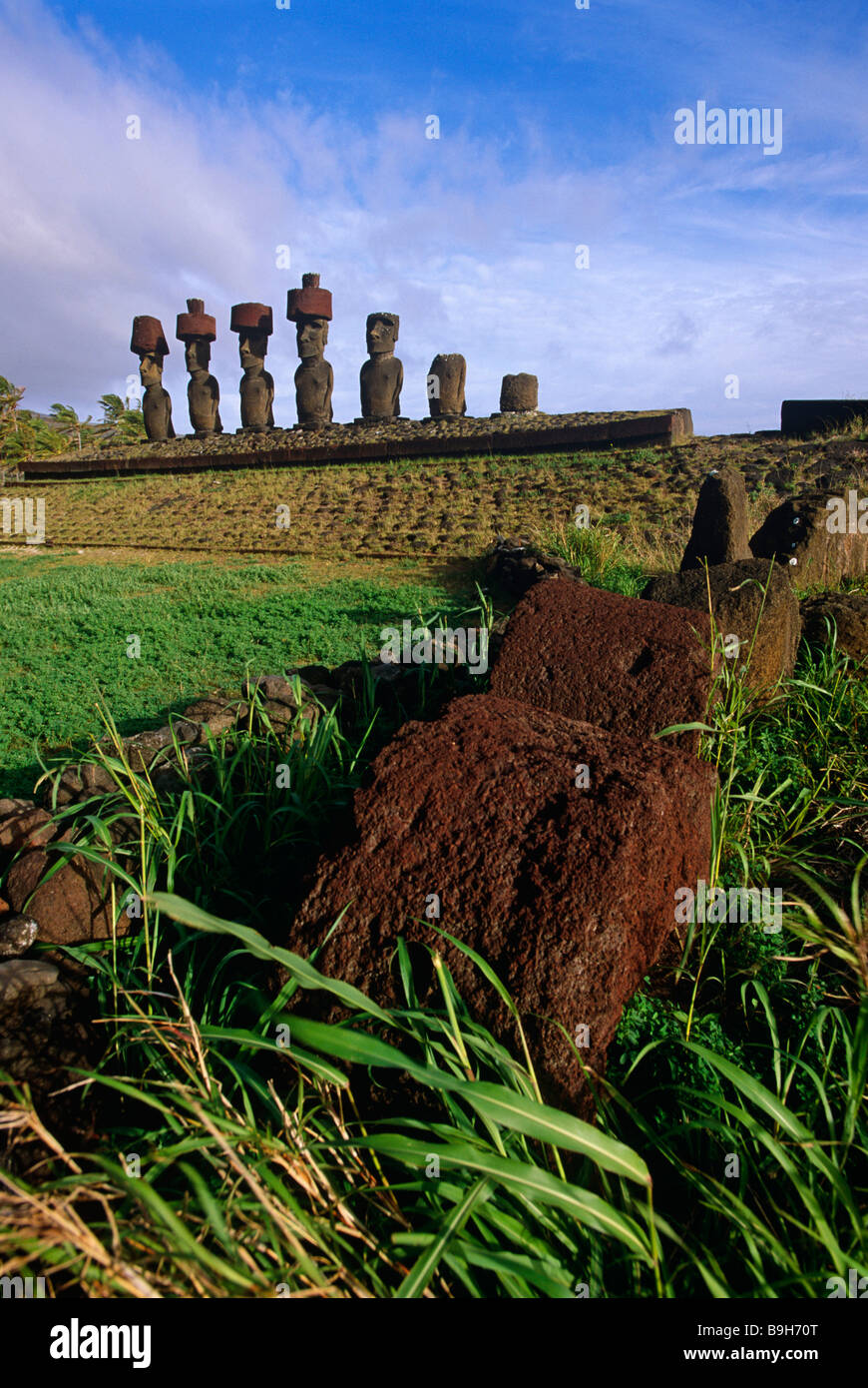 Chile, Easter Island, Anakena. Ahu Nau Nau, the standing Moai statues ...