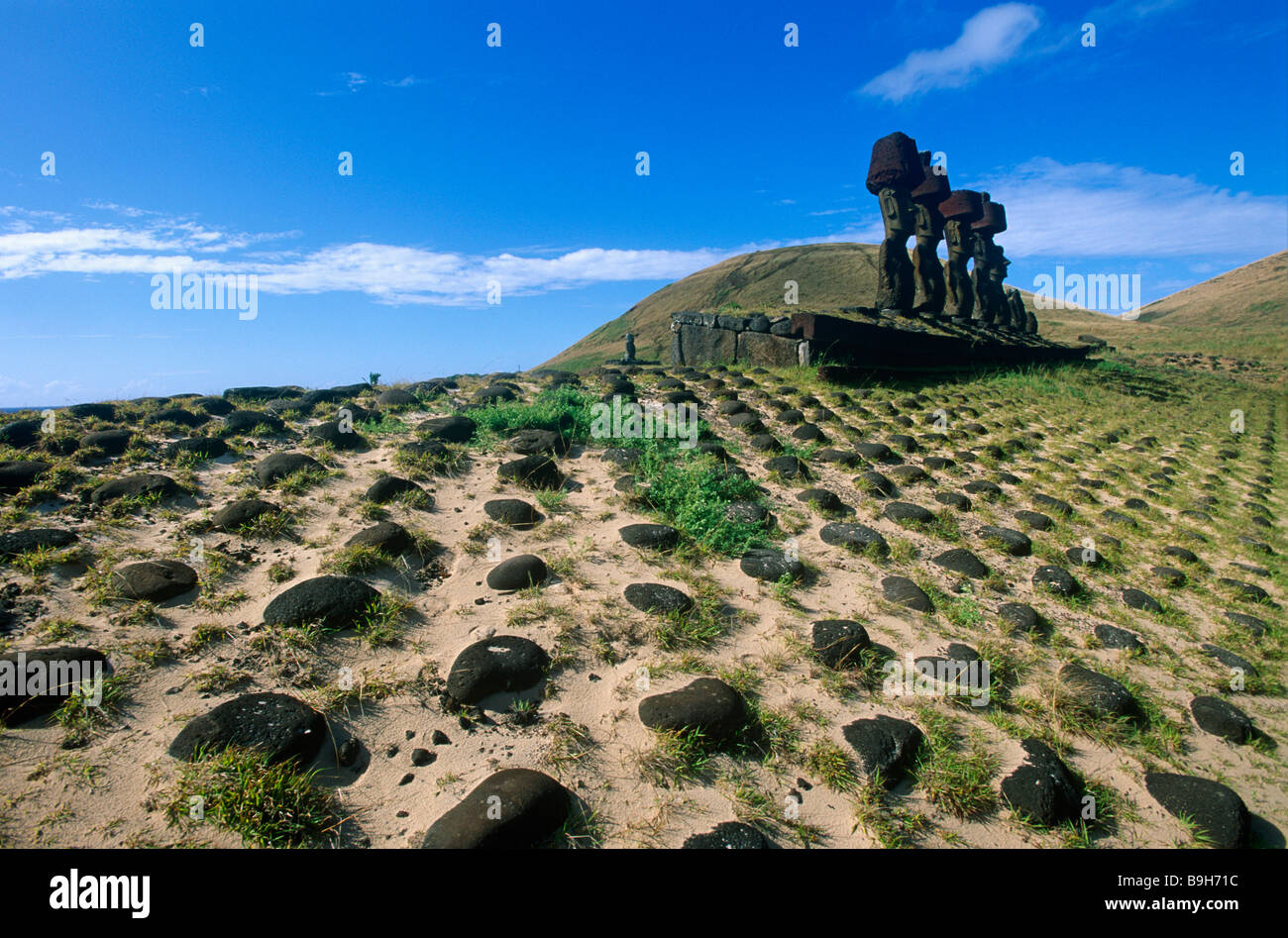 Chile, Easter Island, Anakena. Ahu Nau Nau, the standing Moai statues ...