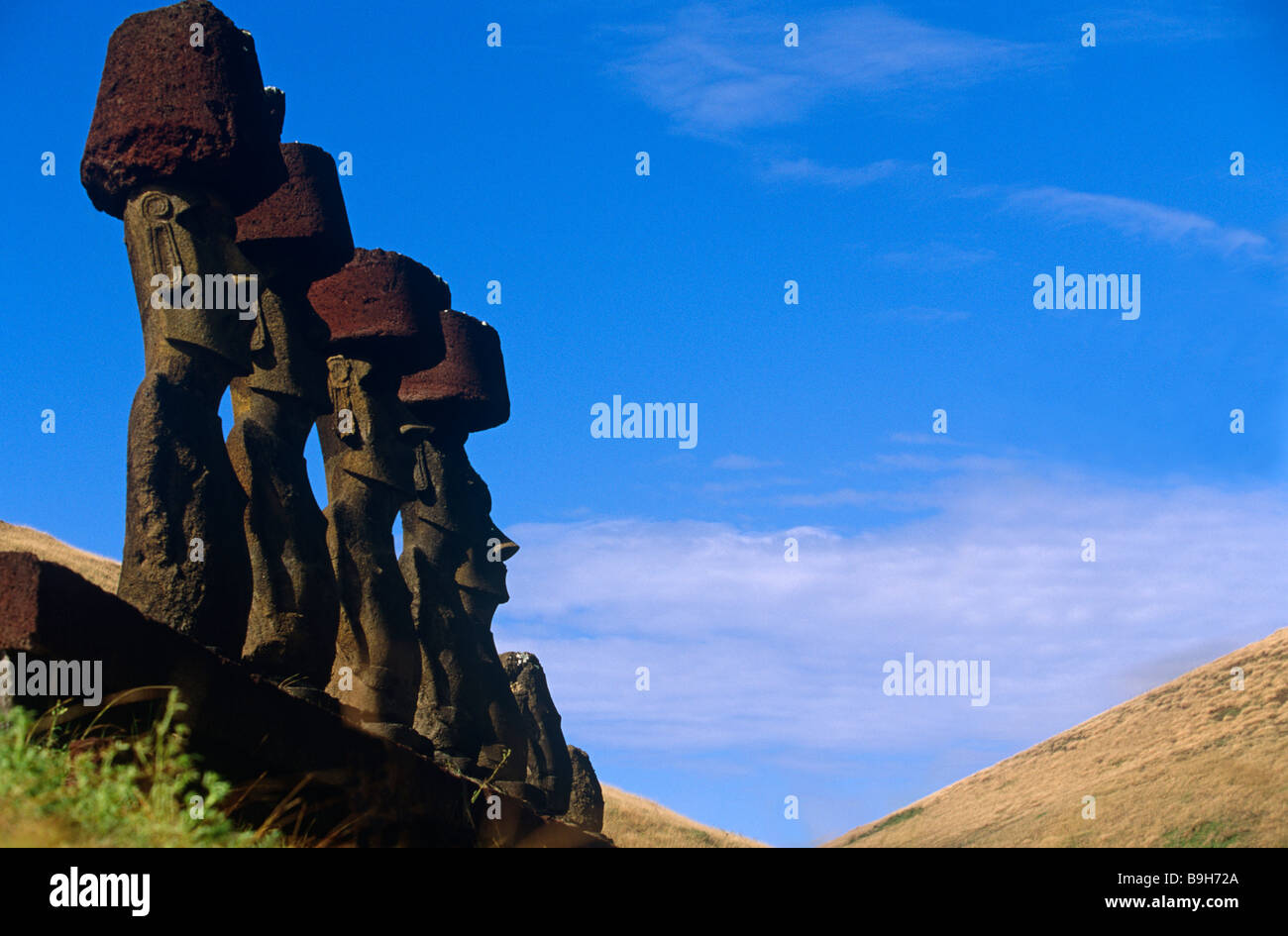 Chile, Easter Island, Anakena. Ahu Nau Nau, the standing Moai statues ...
