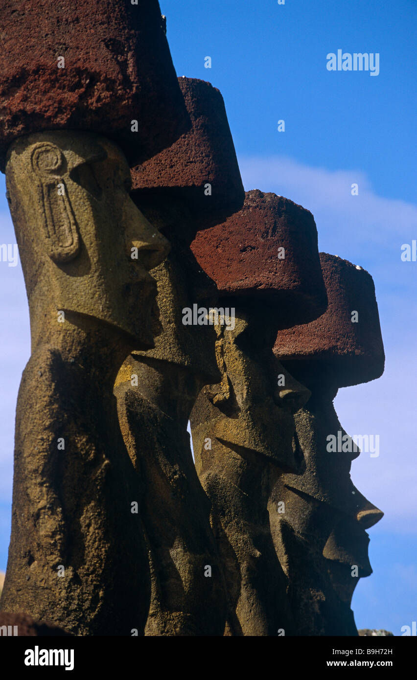 Chile, Easter Island, Anakena. Ahu Nau Nau, the standing Moai statues ...
