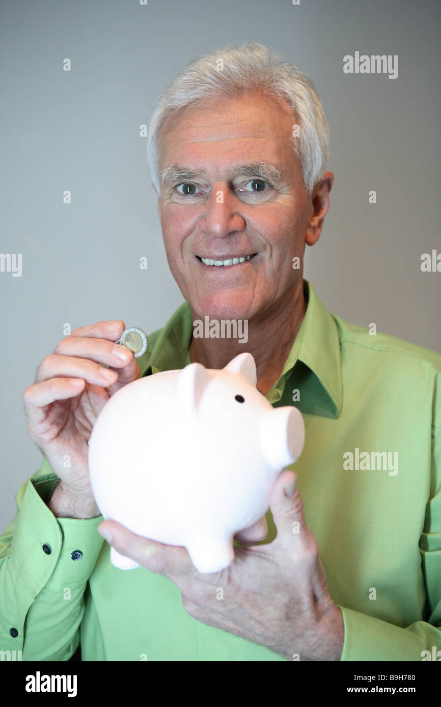 Senior piggy bank Euro-coin smiling semi-portrait series people seniors ...
