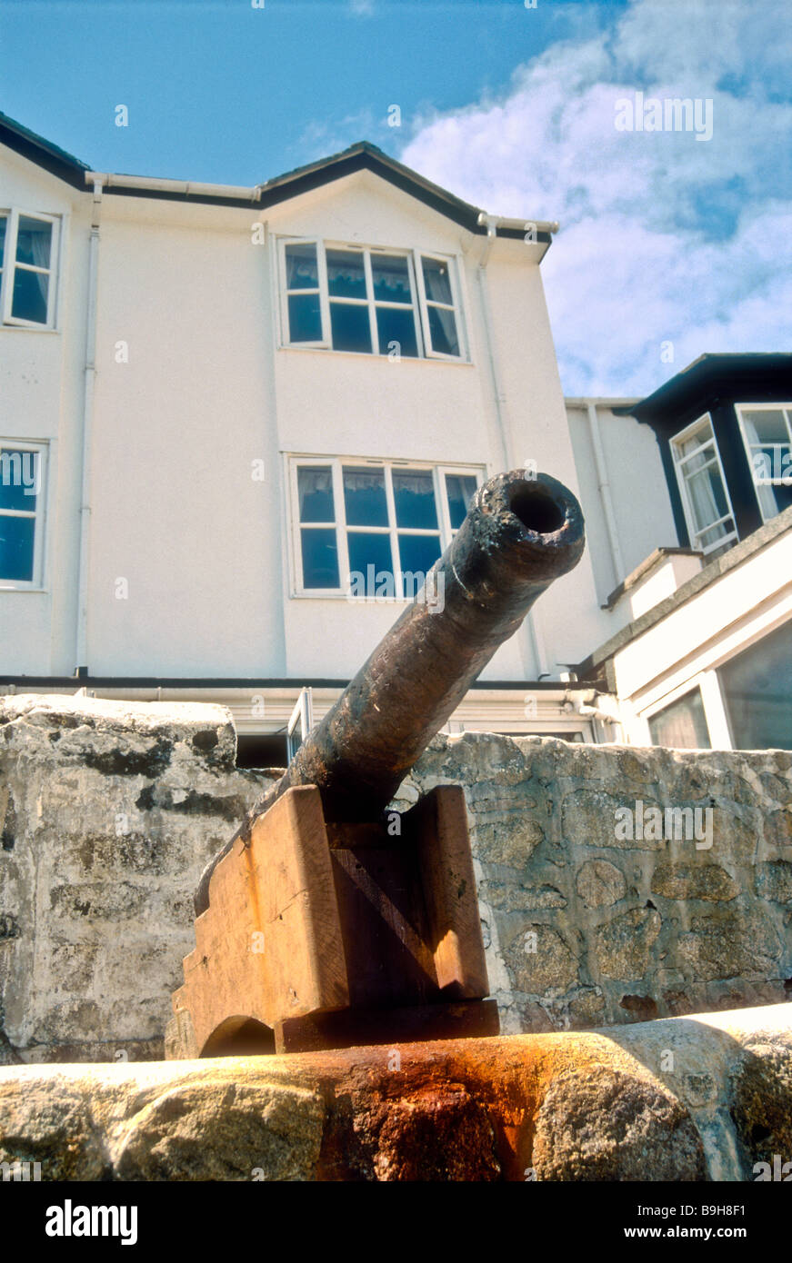 A cannon set up outside the Atlantic Hotel overlooking Hugh Town beach ...