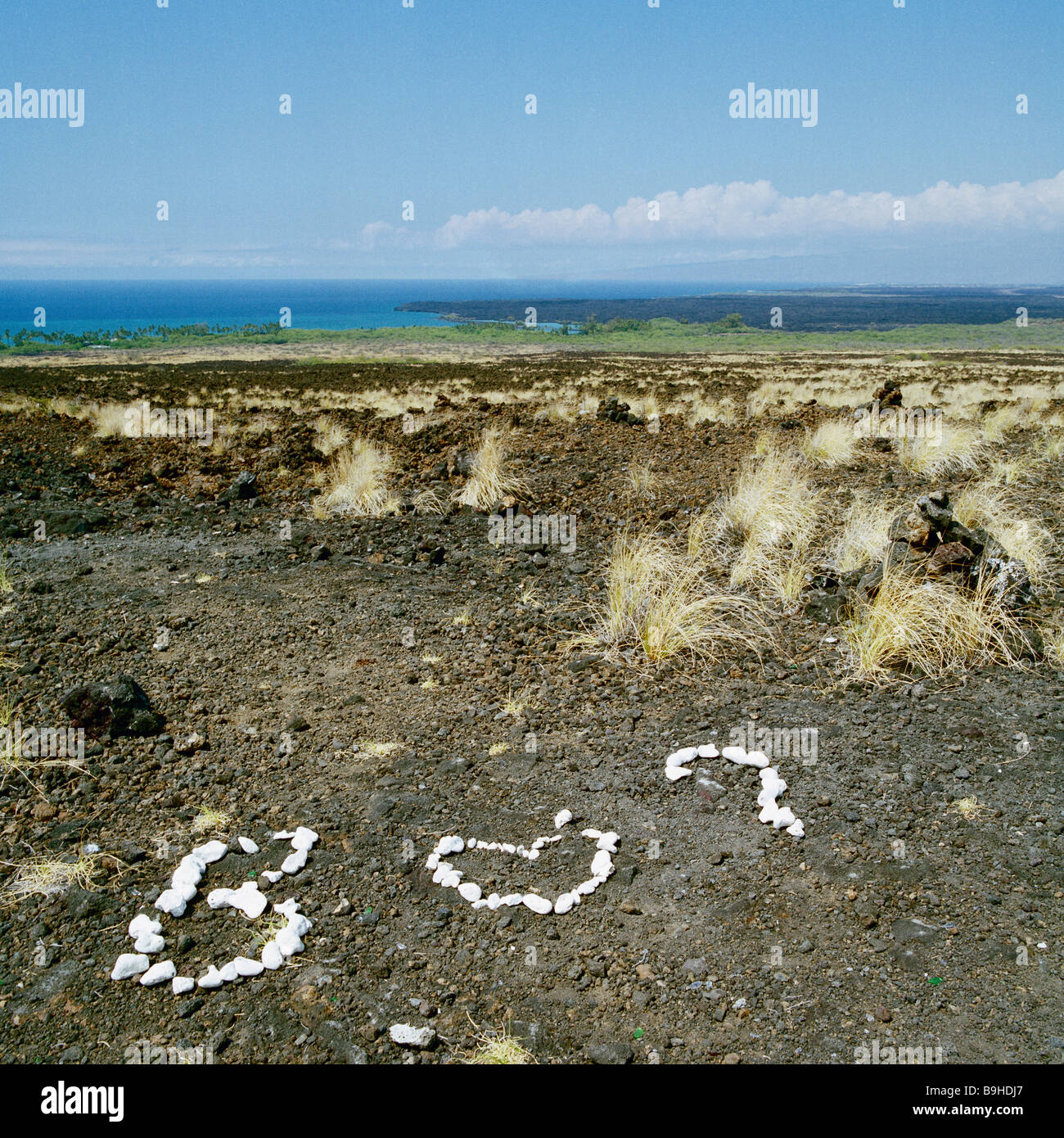 White coral graffiti on black lava rock Kohala Coast Big Island Hawaii ...