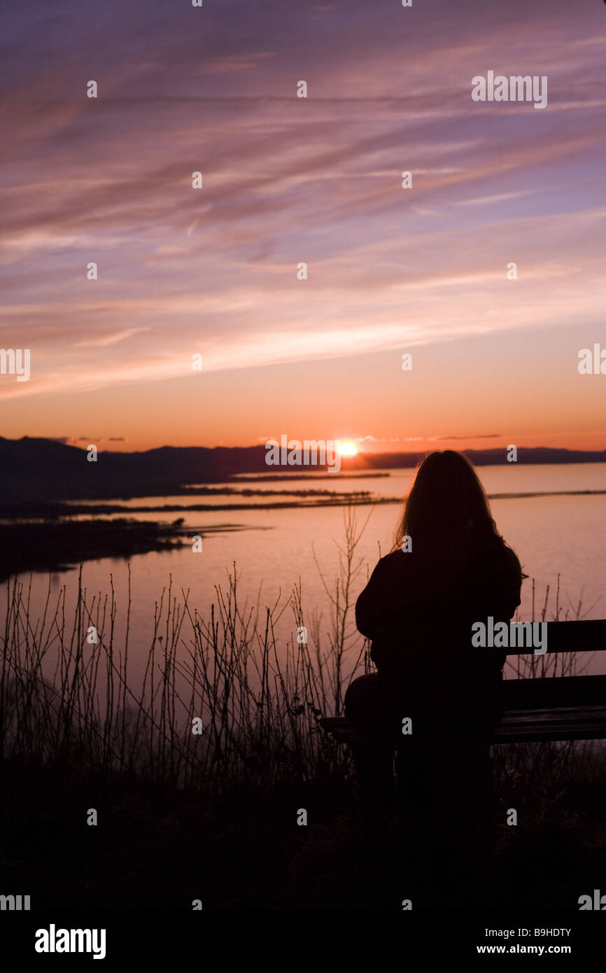 Lake Constance bank woman Bregenz Vorarlberg Austria sunset Stock Photo ...