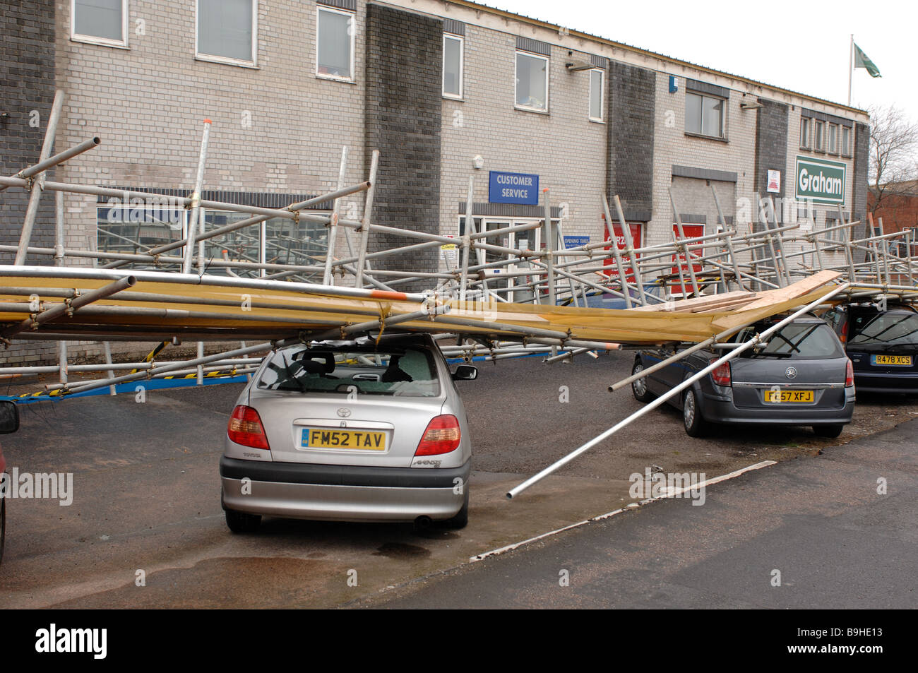 Collapsed Scaffolding on Marsh Barton industrial estate in Exeter Stock ...