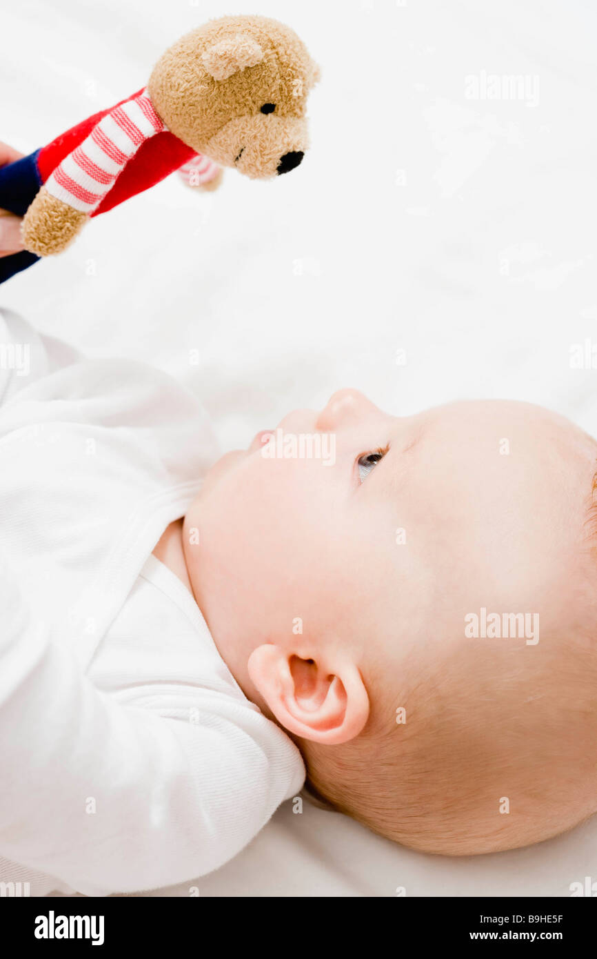 Baby looking up teddy bear Stock Photo - Alamy