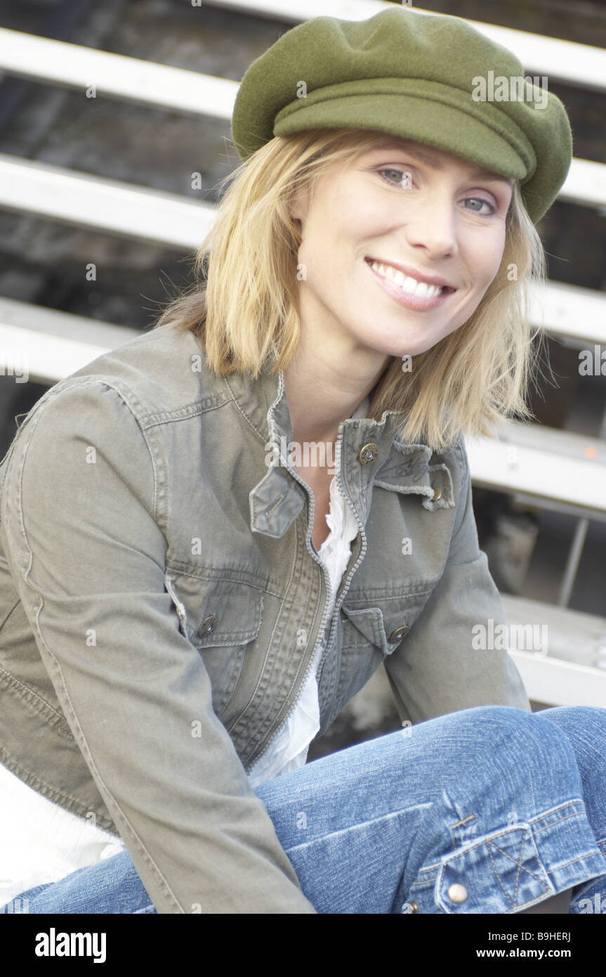 Woman young stairway smiling sitting semi-portrait series people 20-30 ...