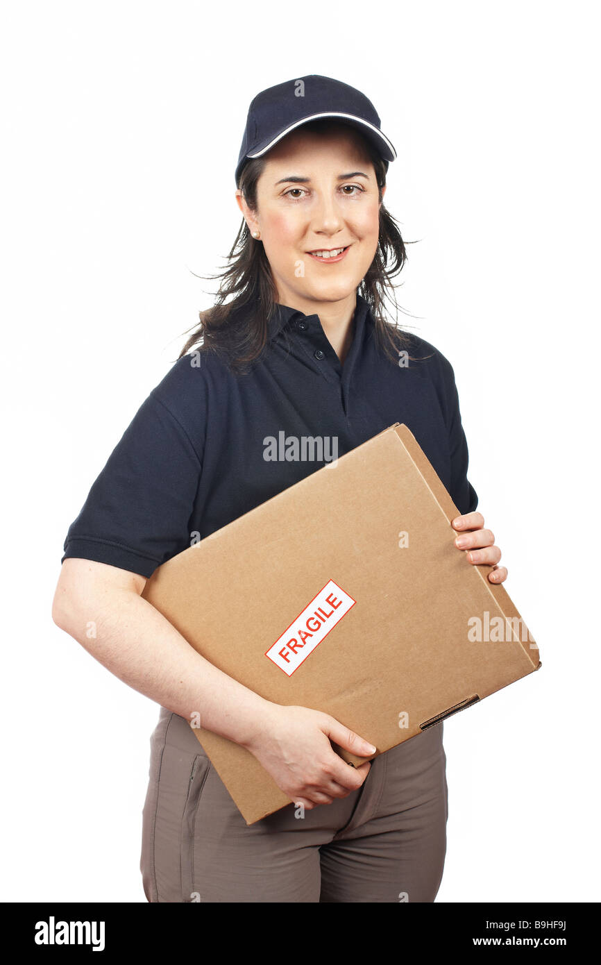 Courier woman delivering a package fragile on white background Stock ...