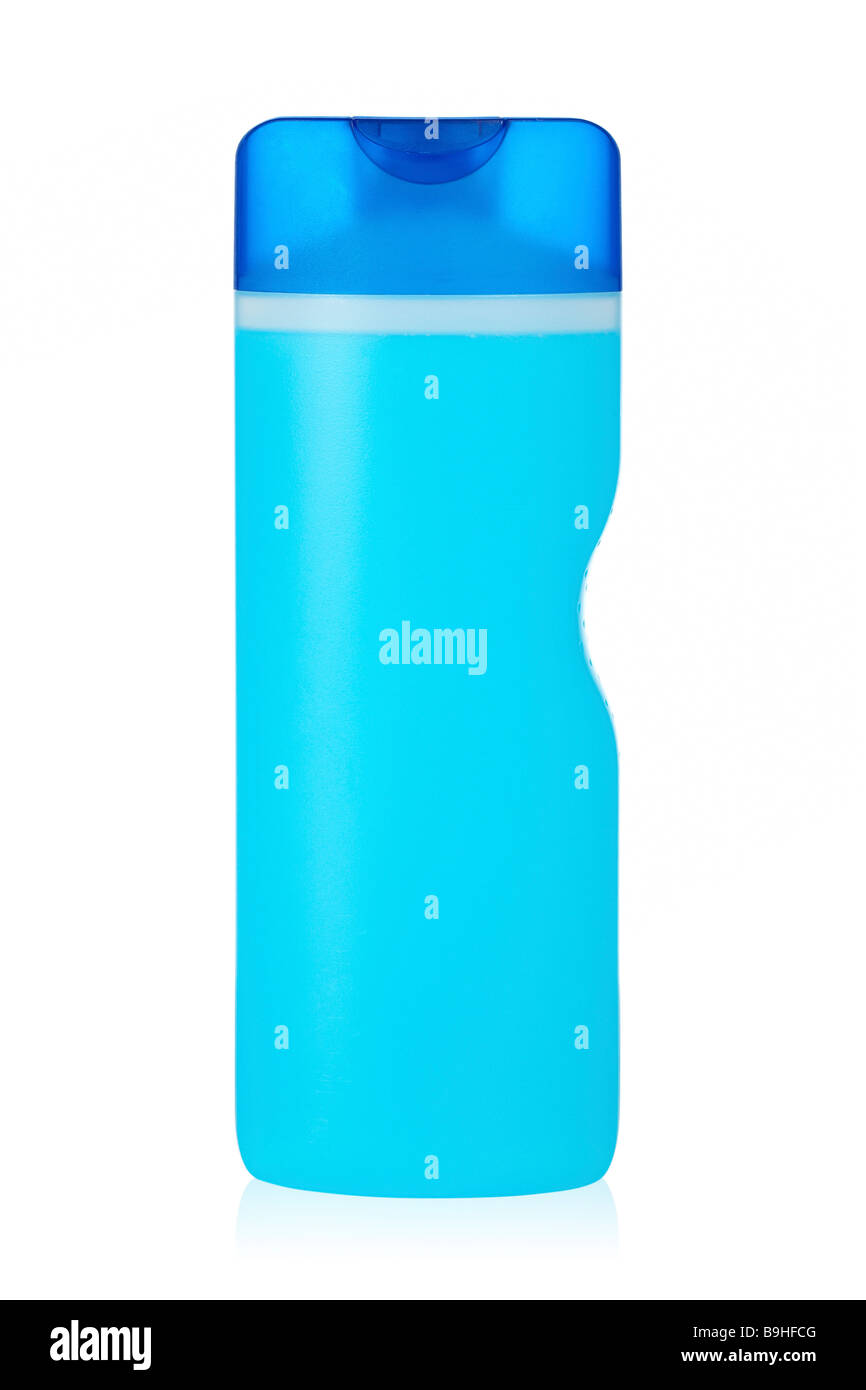 Plastic bottle with soap or shampoo without label reflected on white ...