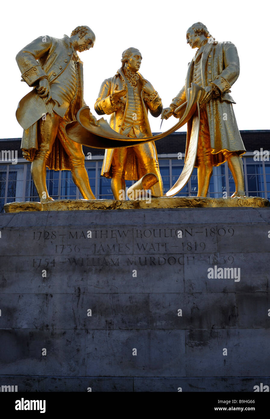 Gilt statue of l to r Matthew Boulton, James Watt and William Murdock ...