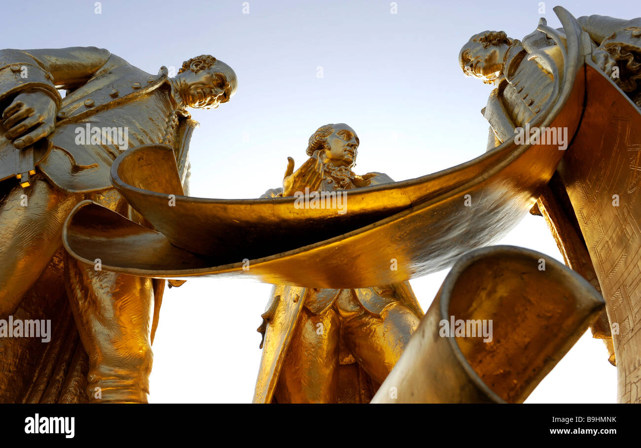 Gilt statue of l to r Matthew Boulton, James Watt and William Murdock ...