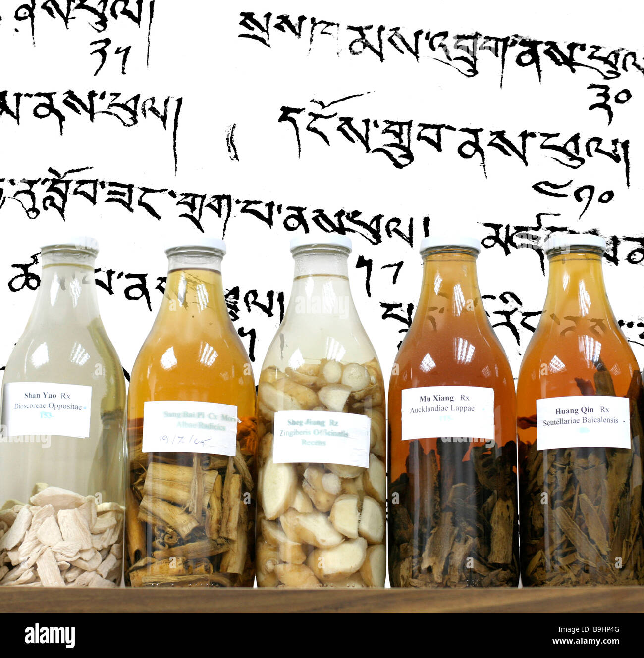 chinese medicine herbs and concoctions in large bottles on tibetan ...