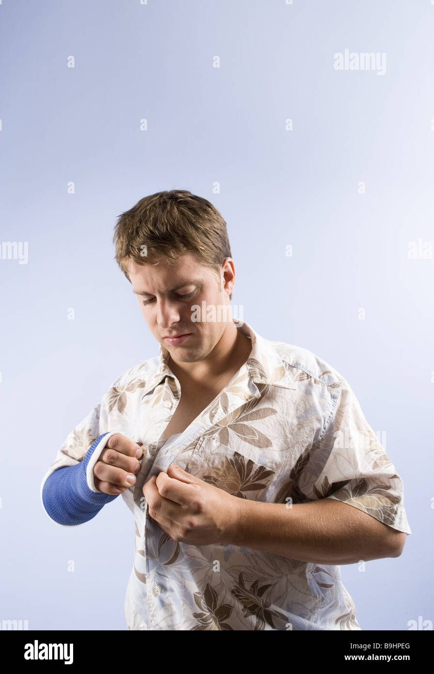 Man arm in plaster shirt buttons up series people arm injury fracture ...