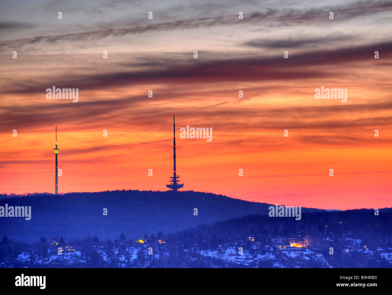 Nightshot, television tower, left, and telecommunication tower, right ...