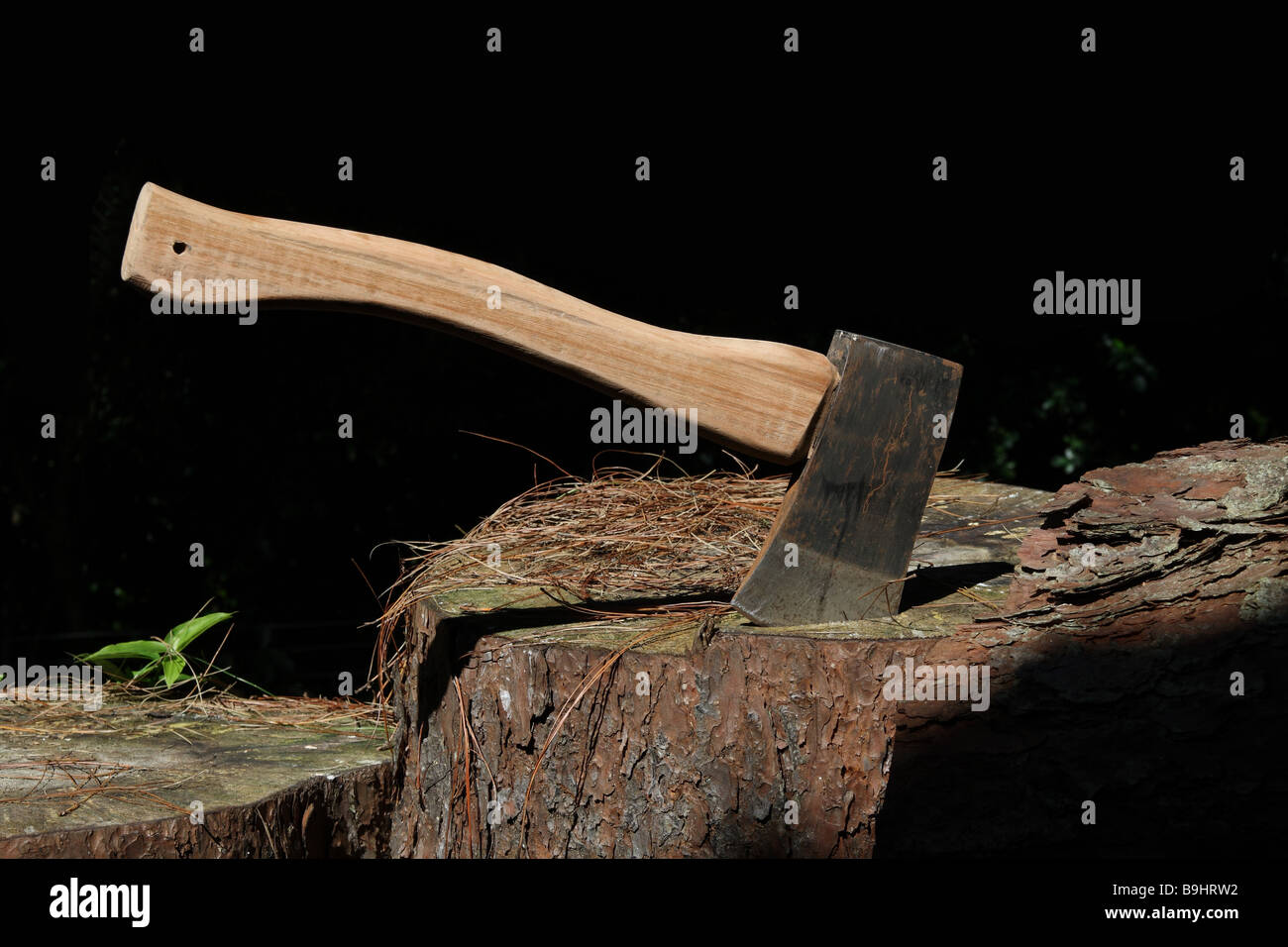 Axe and cut logs silhouetted against dark background Stock Photo - Alamy
