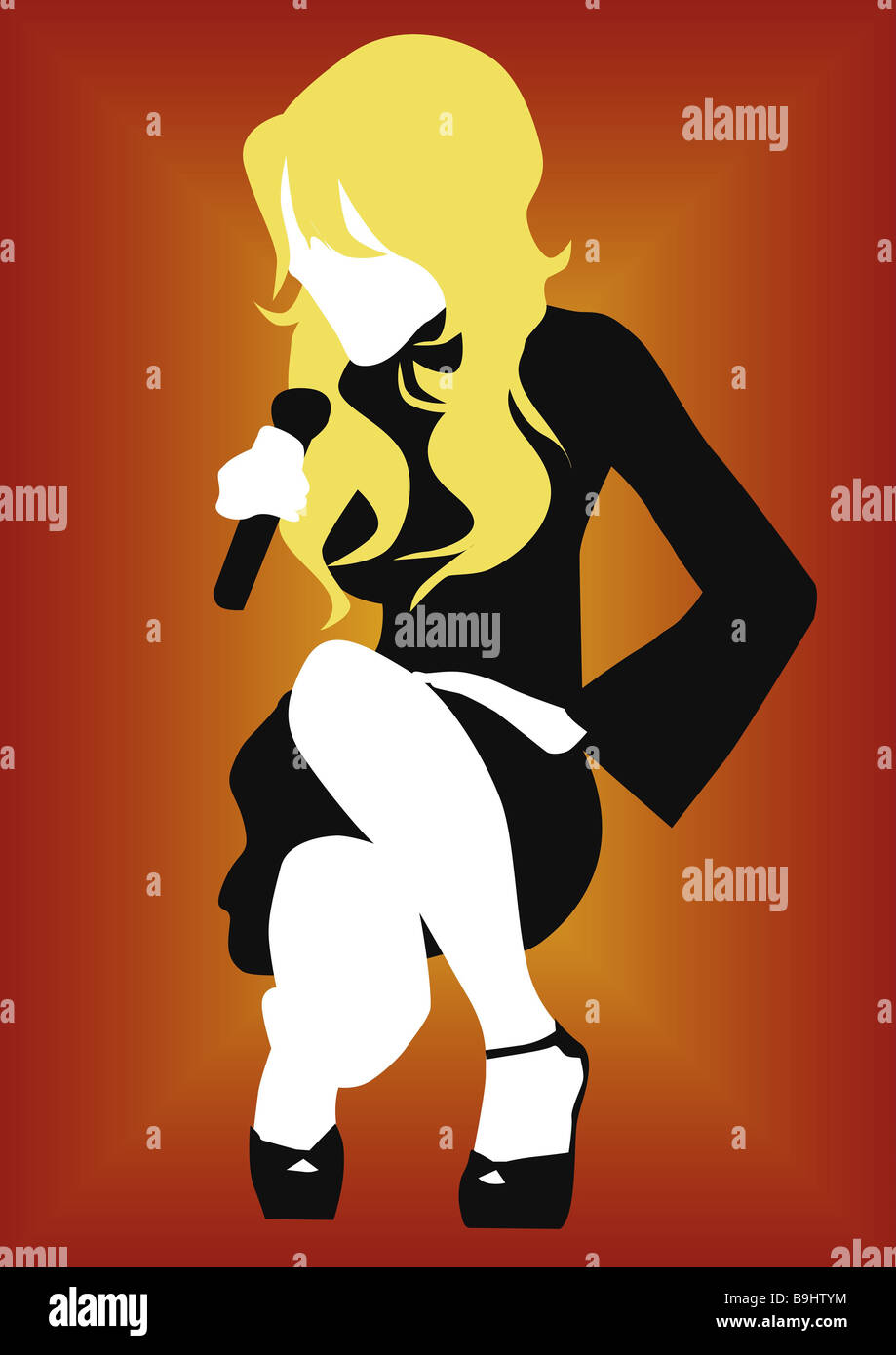 Illustration woman young crouch microphone sings singer blond long ...