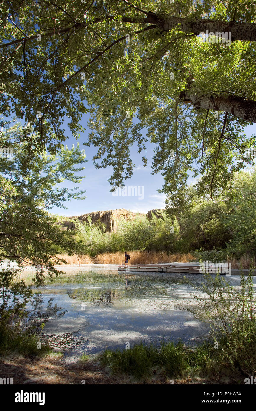 Backpacker on dock, Sun Lakes - Dry Falls State Park, Washington Stock ...