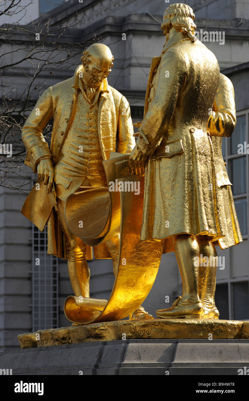 Gilt statue of l to r Matthew Boulton, Watt and Murdock which stands in ...
