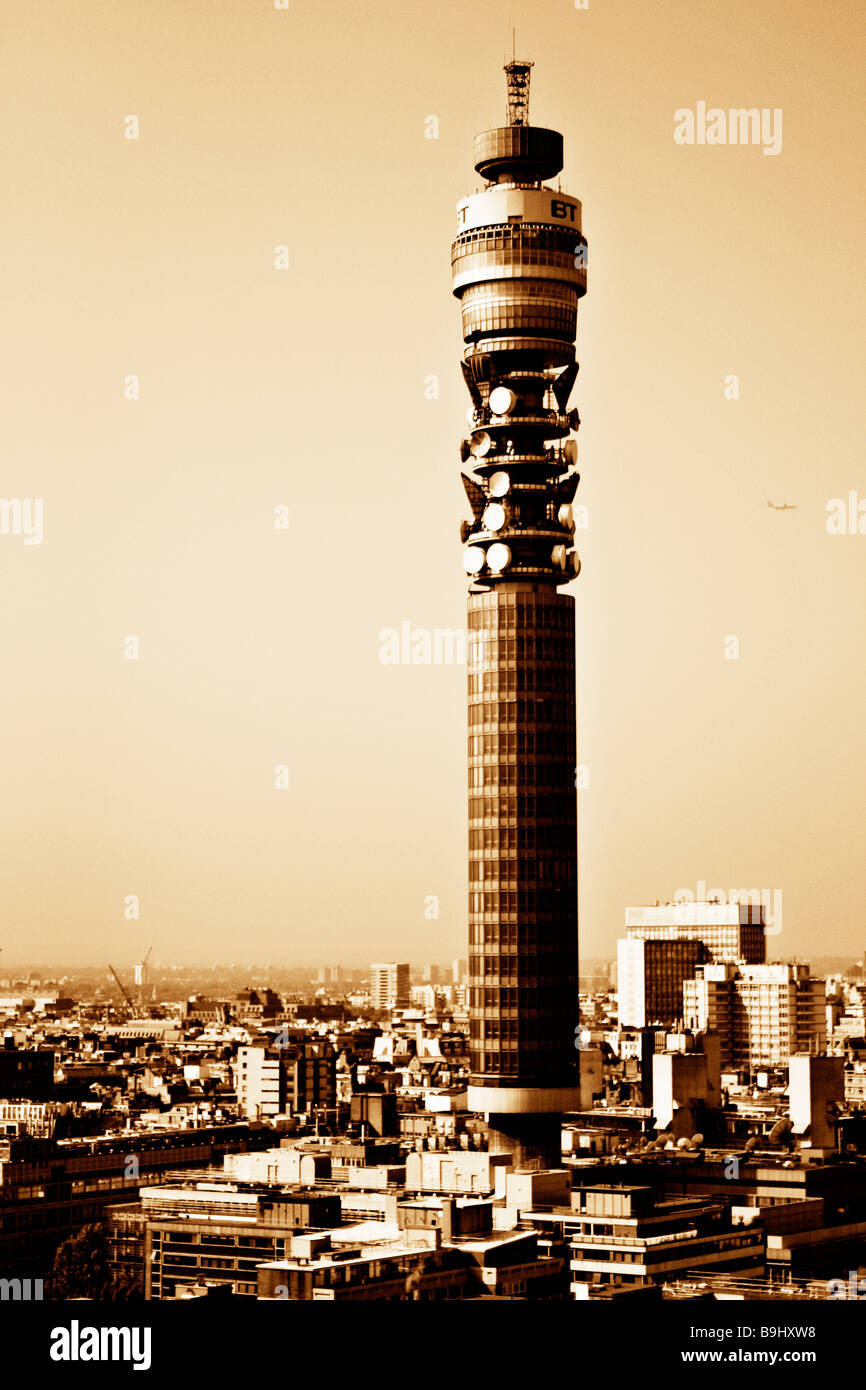 post office tower London panoramic view of west London behind sepia ...