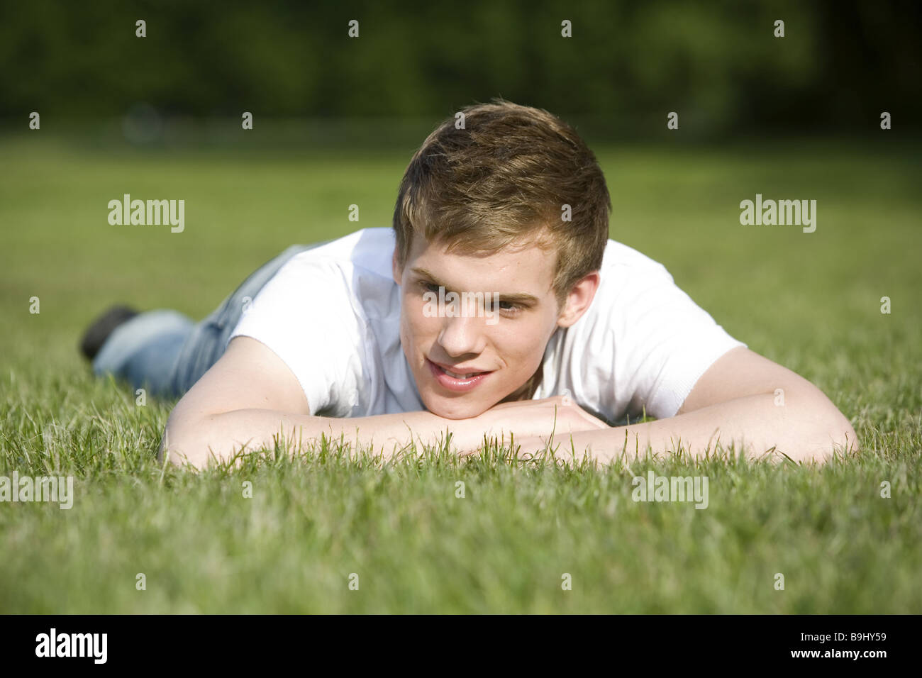Man young meadow smiling lying prone position people 20-30 years ...
