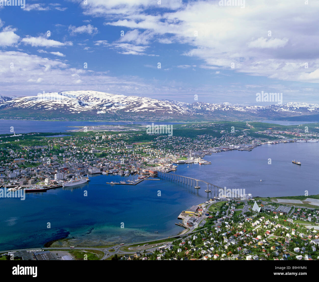Tromso, aerial view, Tromso Bridge, mountains, Troms province, Norway ...