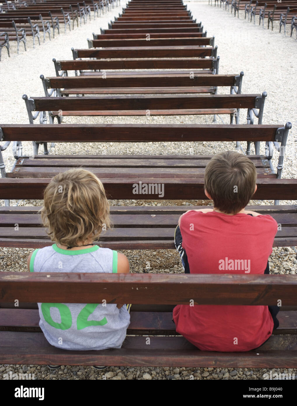 Seat-benches boys two back view people outside children 11-13 years ...