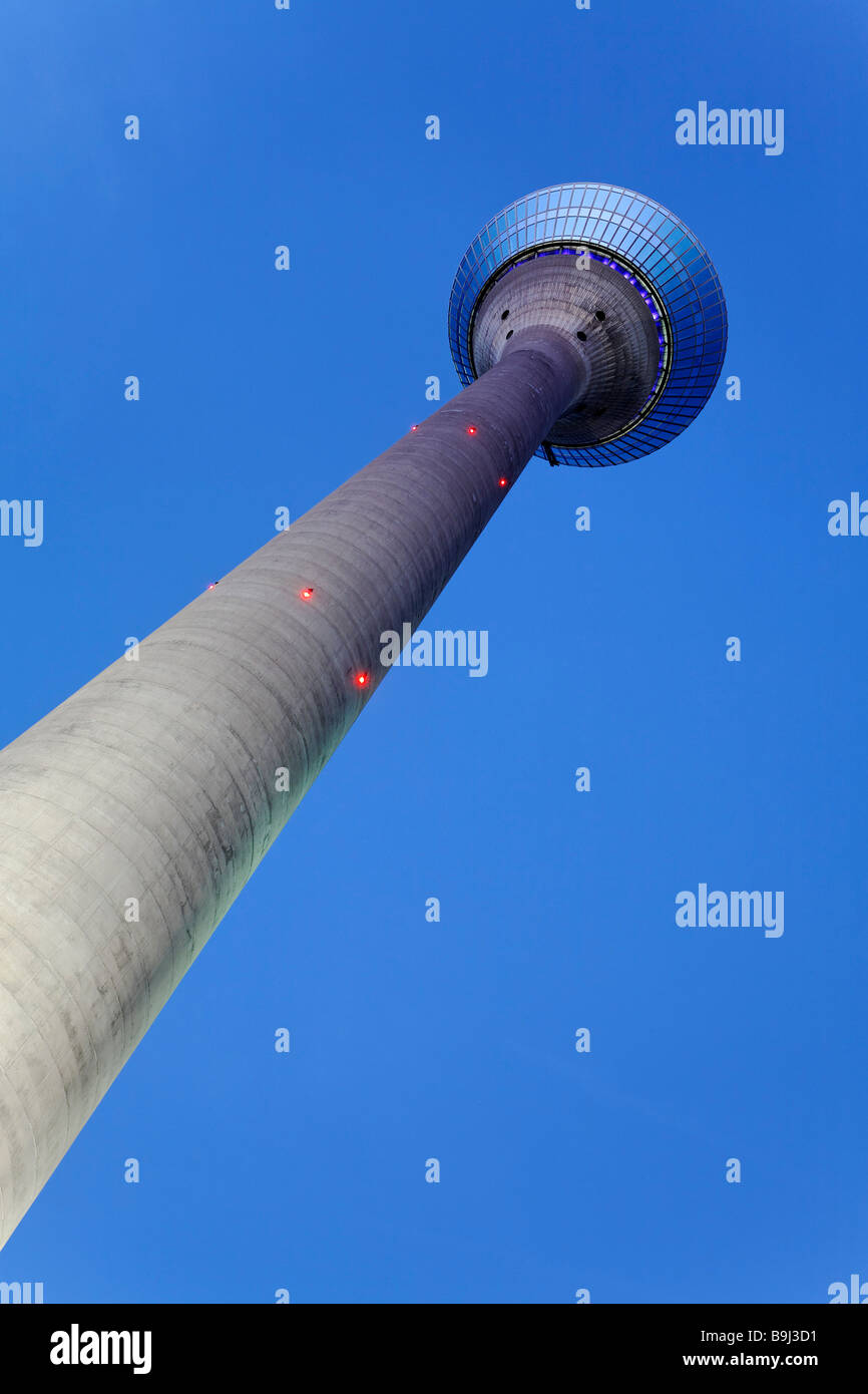 Rheinturm tower, view from below, dusk, Duesseldorf, Rhineland, North ...