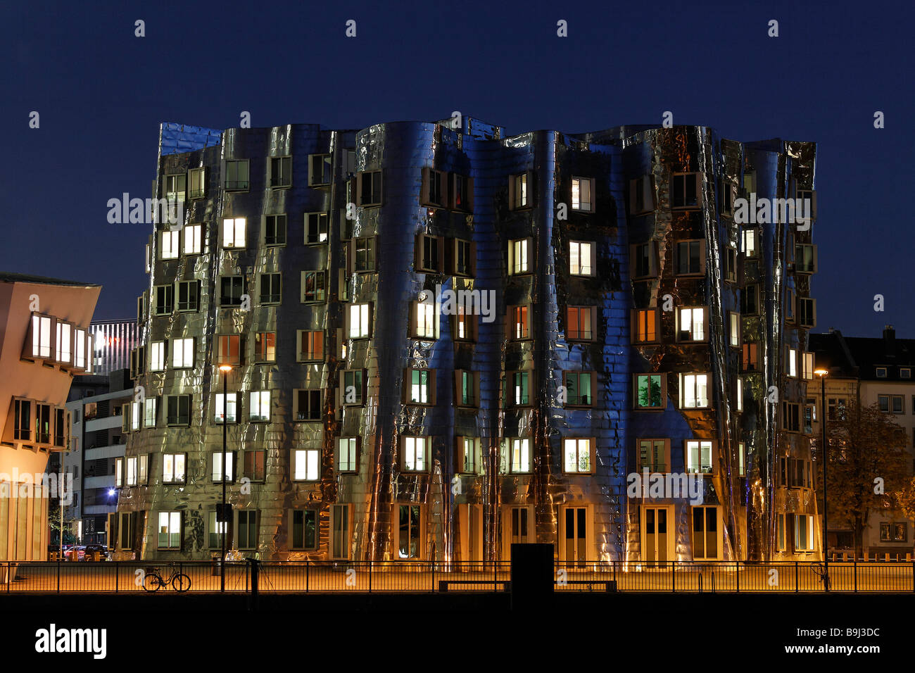 Gehry buildings at night, aluminium facade, Duesseldorf, Rhineland ...