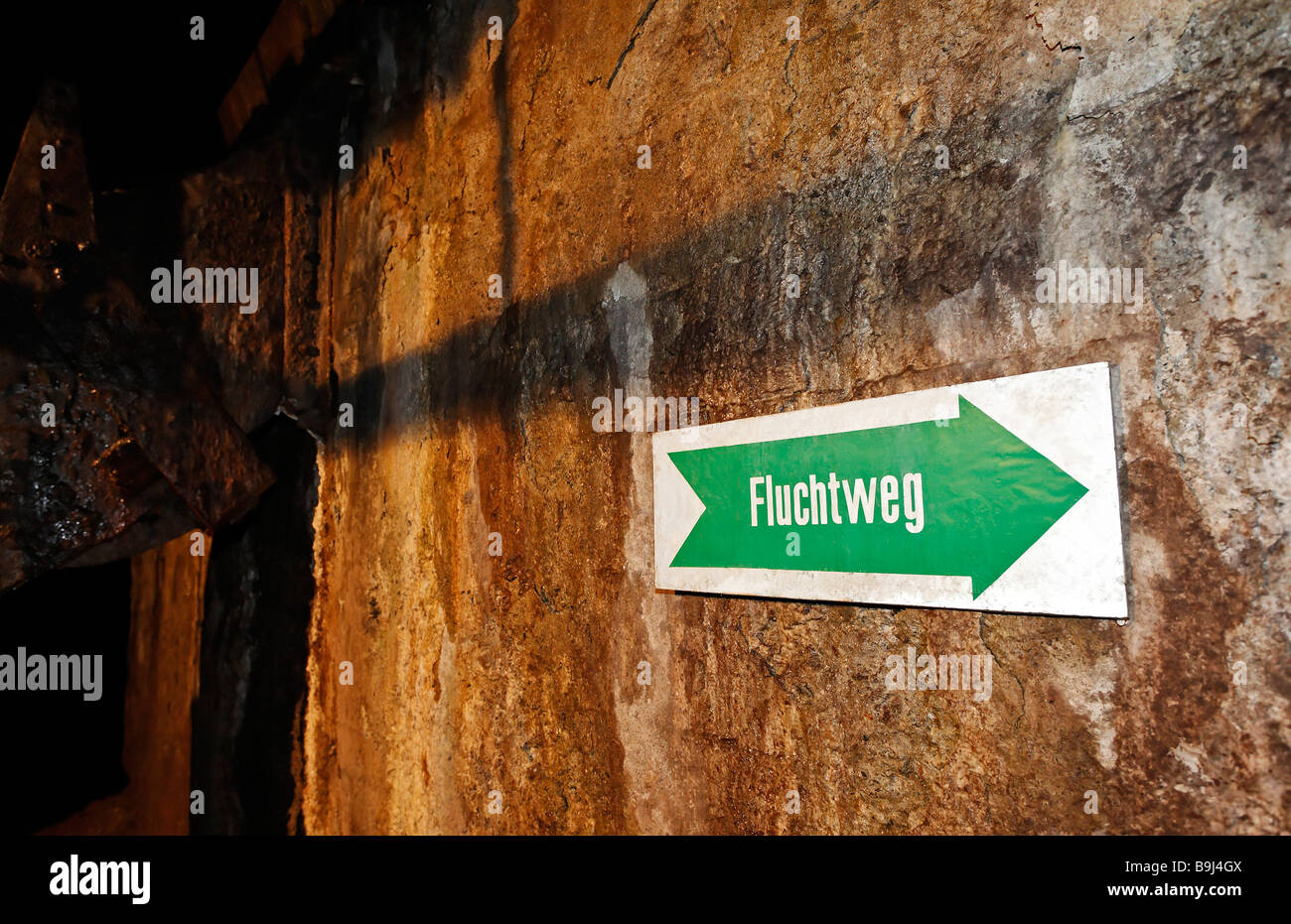 Emergency exit sign in a mining tunnel, Schaubergwerk Buechenberg mine ...