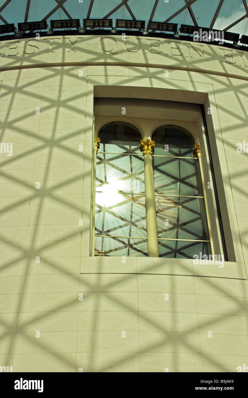 British museum library window reflecting sunlight and museum glass dome ...
