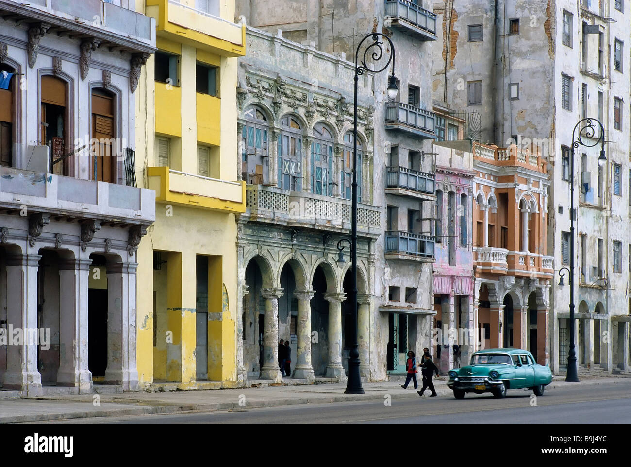 Row of houses, weathered facades on the Malecón, Vedado, Havana, Cuba ...