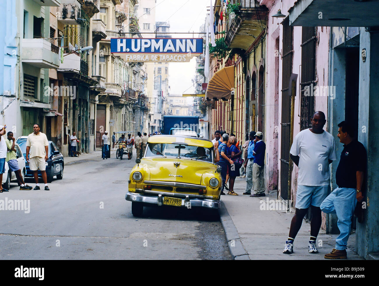 Street scene in the historic town centre, H. Upmann Cigar Factory sign ...